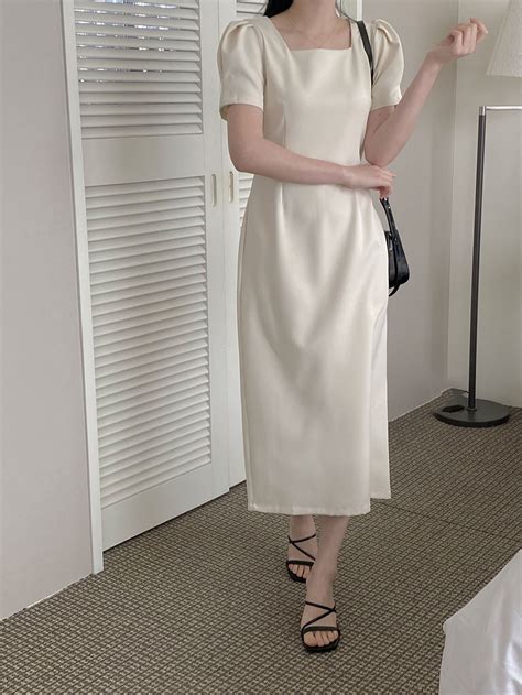 루엣 💐하객룩 Made 클레어 스퀘어넥 반팔 긴팔 핀턱 퍼프 허리끈 롱 H라인 원피스