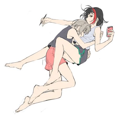 Bamboo9545 Aoba Moca Mitake Ran Bang Dream Commentary Request 2girls Barefoot Black Hair