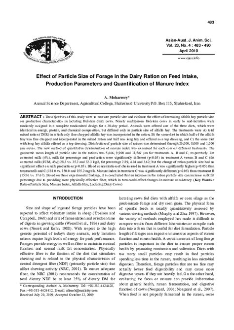 Pdf Effect Of Particle Size Of Forage In The Dairy Ration On Feed Intake Production
