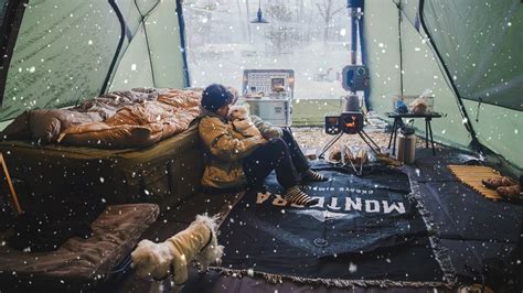 캠핑 브이로그 10℃ 강아지와 눈 쌓인 겨울 숲 대형텐트에서 영화같은 하룻밤 보내기 화목난로 Asmr Youtube