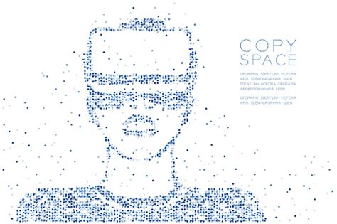 기 원형 도트 픽셀 패턴 남자 착용 Vr 헤드셋 모양 디자인 파란색 그림 복사 공간 벡터 Eps 10와 흰색 배경에 추상화 기하