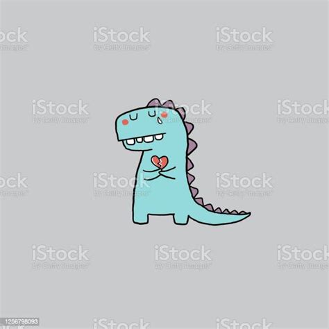 วาดด้วยมือเวกเตอร์ภาพประกอบการ์ตูนไดโนเสาร์เศร้าเล็ก ๆ น้อย ๆ ถือหัวใจหักสีแดง ภาพประกอบ