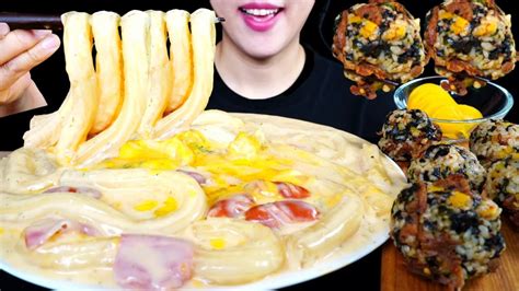 Asmr 엽떡 크림떡볶이 크림분모자 트러플매콤맛 오돌뼈 주먹밥 리얼사운드 먹방 Spicy Cream Tteokbokki And Spicy Rice Ball Eating