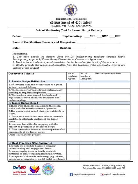 School Monitoring Tool For Lesson Script Delivery Pdf Teachers Learning