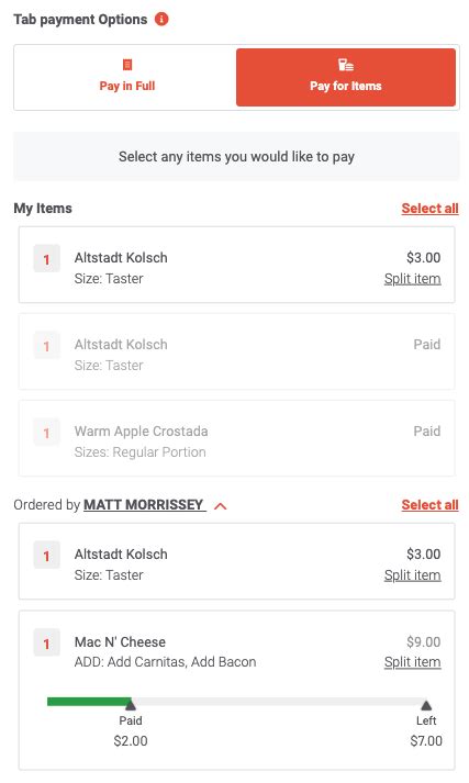 end user experience guest item splitting on shared tabs