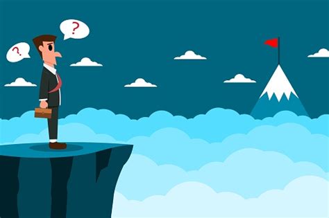 벼랑 끝에 서 있는 사업가들은 성공의 깃발을 향해 길을 생각하고 있다 비즈니스 문제 해결 사업 개념 벡터 일러스트 레이 션 개념에 대한 스톡 벡터 아트 및 기타 이미지