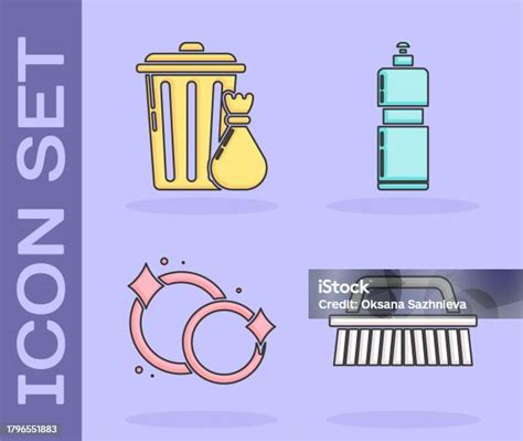 청소용 브러시 쓰레기통 및 쓰레기 봉투 접시 세척 및 액체 식기 세척용 플라스틱 병 설정 액체 아이콘 벡터 가사 집안일에 대한 스톡 벡터 아트 및 기타 이미지 Istock