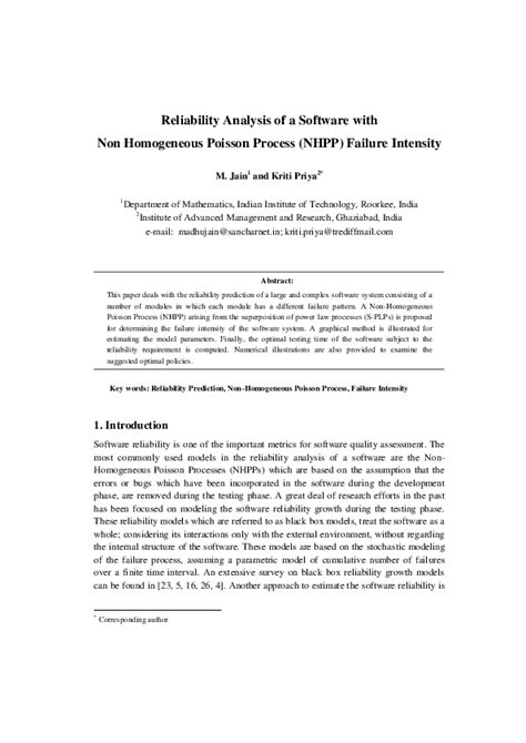 Pdf Reliability Analysis Of A Software With Non Homogeneous Poisson