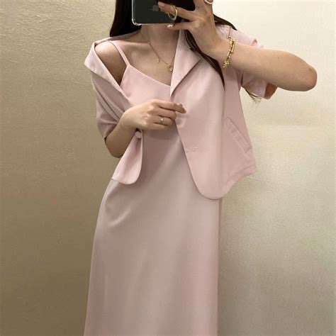 여성용 한국 시크 블레이저 세트 프랑스 라펠 투버튼 반팔 정장 재킷 멜빵 투피스 드레스 세트 여름 Aliexpress