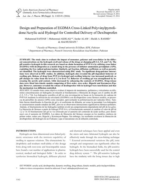 Pdf Design And Preparation Of Egdma Cross Linked Polyvinylpyrrolidoneacrylic Acid Hydrogel