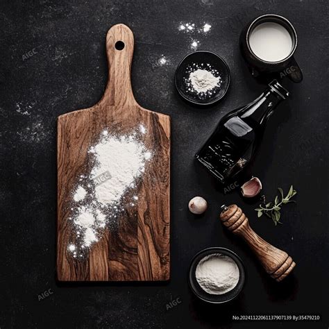 AI创作图雪花面粉 擀面板 面粉氛围图 高清砧板 砧板海报 欧式砧板 油盐 欧式切菜板 黑色美食背景 板盐 烘烤剂 美食食材案板 撒盐 爆炸盐
