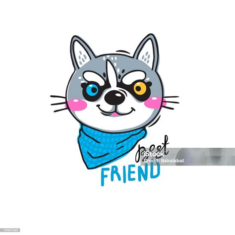 초상화 허스키 강아지 베스트 프렌드 프린트 티셔츠 디자인 커버 카드 만화 스타일의 벡터 일러스트 레이 션 T 셔츠에 대한 스톡 벡터 아트 및 기타 이미지 Istock