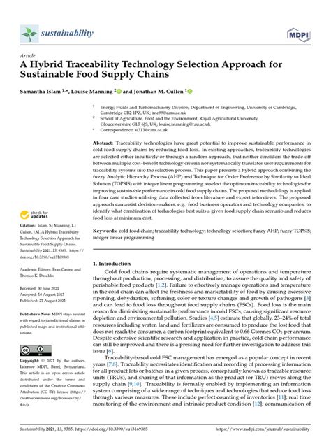A Hybrid Traceability Technology Selection Approach For Sustainable Food Supply Chains Pdf