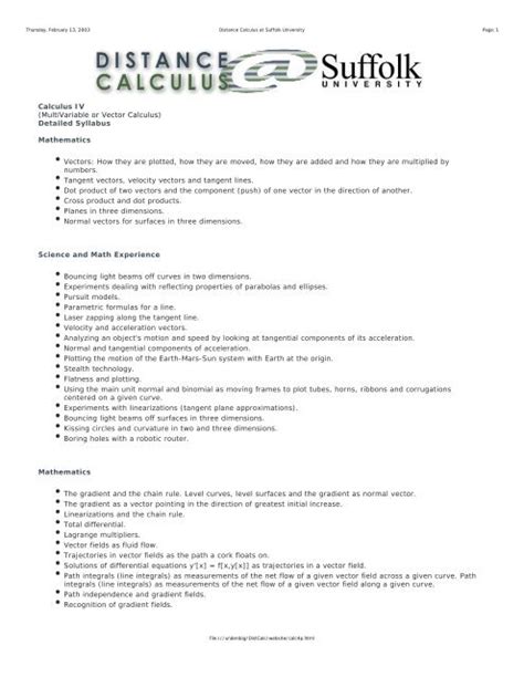 Multivariable Or Vector Calculus Detailed Syllabus Mathematics
