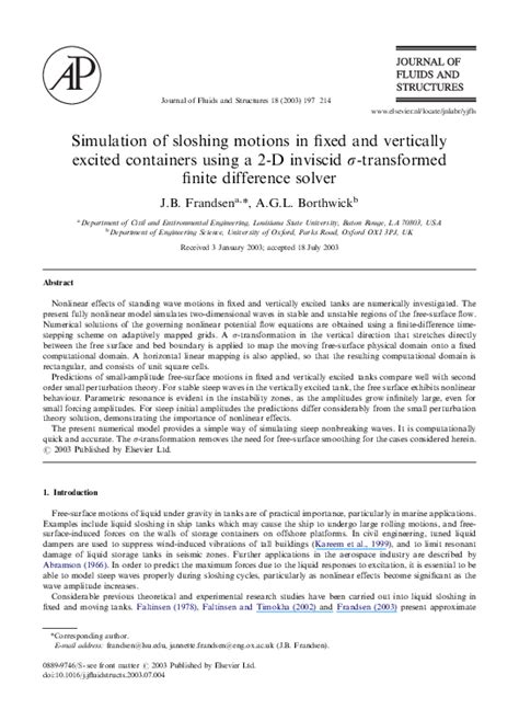 Pdf Simulation Of Sloshing Motions In Fixed And Vertically Excited Containers Using A 2 D