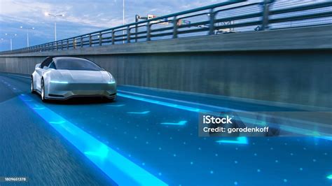도시 고속도로를 통해 움직이는 자율 주행 3d 자동차 Vfx 시각화 개념 Ai 센서가 차량 위험 속도 제한을 위해 전방 도로를