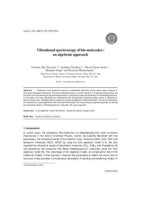 Pdf Vibrational Spectroscopy Of Bio Molecules An Algebraic Approach