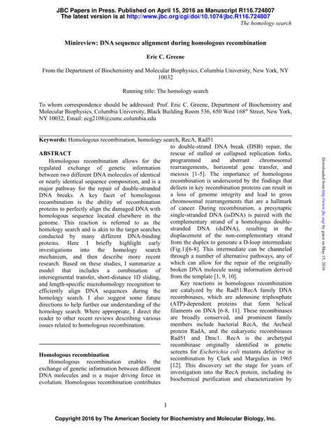 Pdf Dna Sequence Alignment During Homologous Recombination