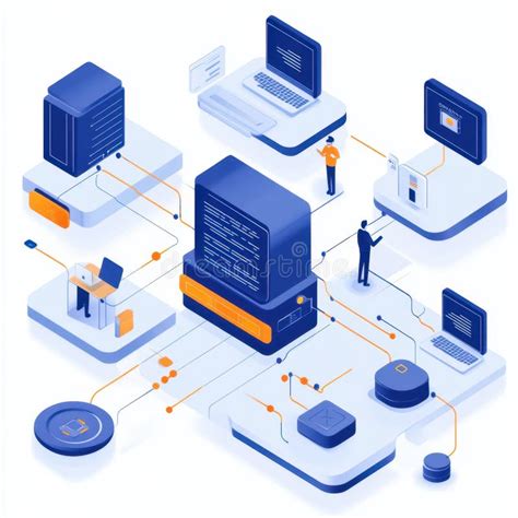 A Man Standing In Front Of A Computer Surrounded By Other Devices Stock Illustration