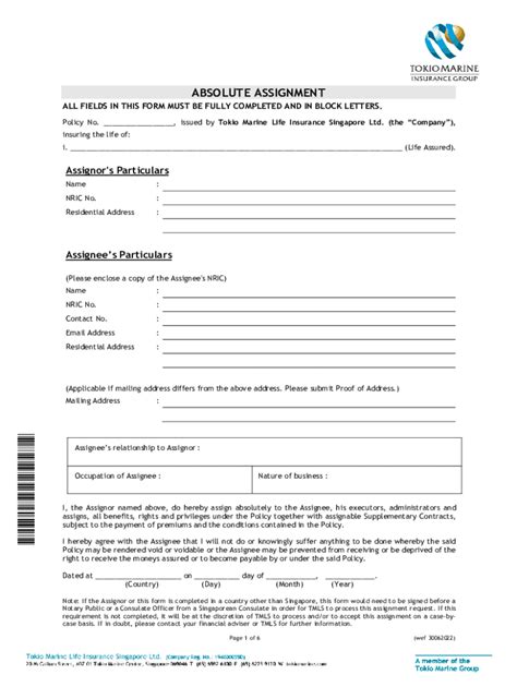 Fillable Online Absolute Assignment Form China Taiping Fax Email