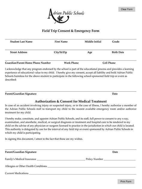 Fillable Online Iicaa Field Trip Consent Formpdf Adrian Public