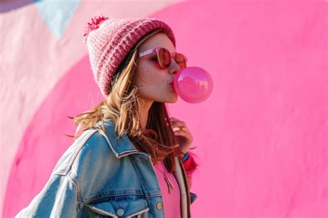 Premium Photo Trendy Young Teen With Skateboard Look Blowing Bubble Gum On Pink Background