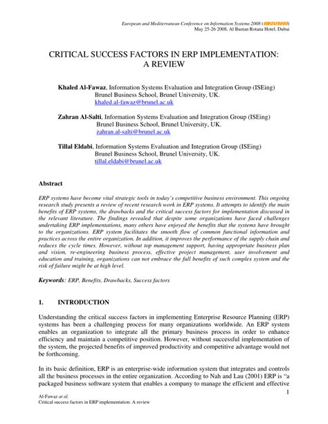 Pdf Critical Success Factors In Erp Implementation A Review
