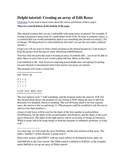 Delphi Tutorial Creating An Array Of Edit Boxes Click Here Pdf