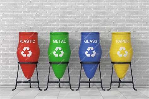 벽돌 벽 앞에 재활용 표시와 분류 폐기물이 있는 다채로운 점토 쓰레기통 3d 렌더링 프리미엄 사진