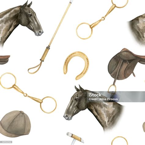 황금 말굽과 스너플 안장 말 폴로 스틱 말 Portrairs 격리의 수채화 삽화가 있는 매끄러운 미니멀리즘 패턴 말과 승마를 주제로 한 인쇄 말에 대한 스톡 벡터 아트 및