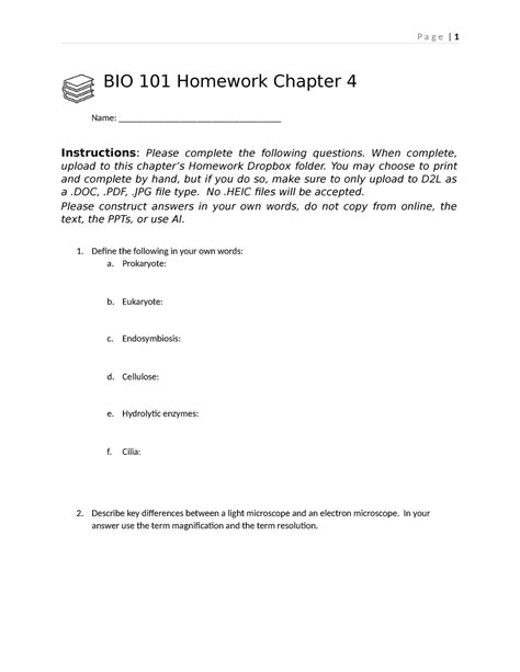 Bio 101 Homework Chapter 4 Bio 101 Homework Chapter 4 Name