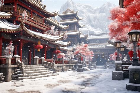 冬季大雪纷飞古镇中国建筑插画图片下载 正版图片402481538 摄图网