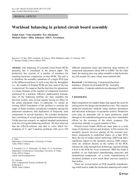 Pdf Workload Balancing In Printed Circuit Board Assembly