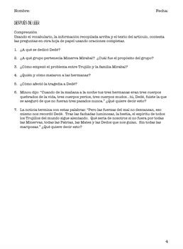 Dedé Mirabal Article Reading Guide Guía De Lectura Artículo Sobre