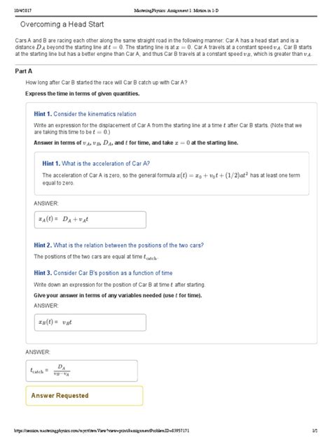 Masteringphysics Assignment 13 Motion In 1 D Pdf Speed