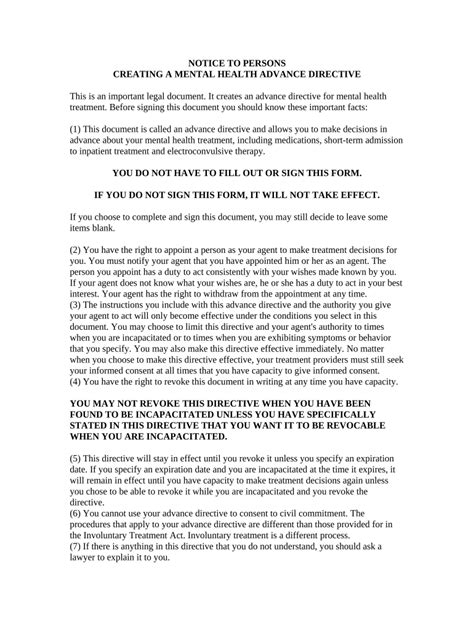 Washington Mental Health Advance Directive Doc Template PdfFiller