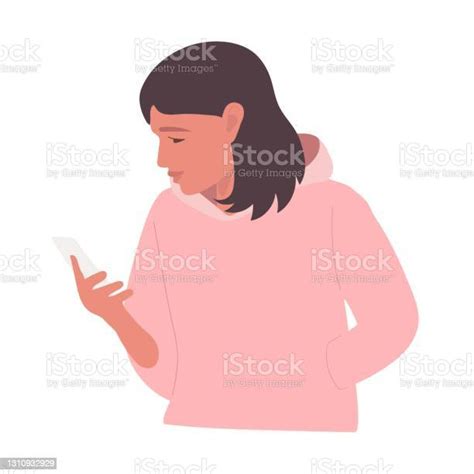 전화와 소녀 젊은 여자가 전화를 본다 플랫 벡터 문맹 분홍색 후드에 여성 휴대 전화를 들고 귀여운 소녀 스마트 폰 또는 인터넷 중독 협상 소셜 미디어 가공의 인물에 대한