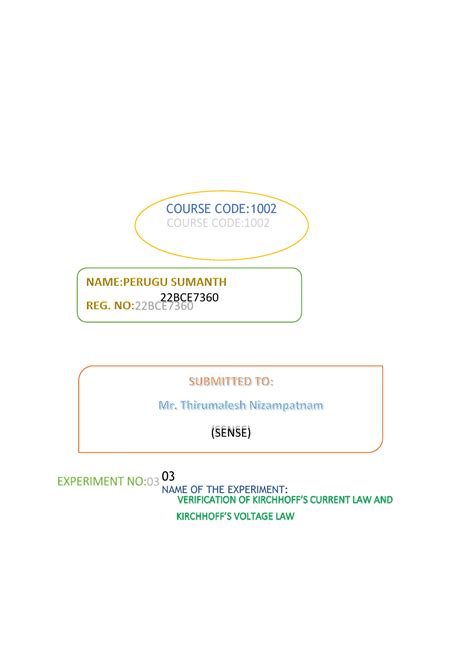 Verification Of Kvl And Kcl Experiment 3 Course Code 22bce Sense 03 Name Of The Experiment