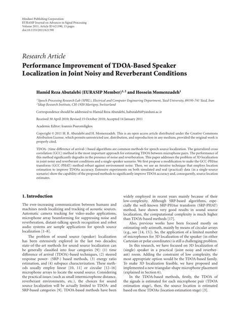 Pdf Performance Improvement Of Tdoa Based Speaker Localization In Joint Noisy And Reverberant