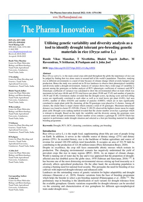 Pdf Utilising Genetic Variability And Diversity Analysis As A Tool To
