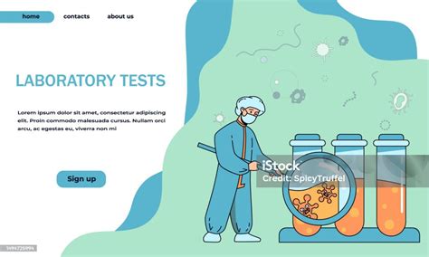 과학자 연구 랜딩 페이지 과학 노동자들은 병원체를 연구합니다 실험실 실험을 하는 의료 캐릭터 남자는 현미경이나 시험관으로