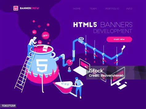 Html5 배너 만드는 과정 웹 사이트 디자인 컨셉 개발자 들 모니터 태블릿 노트북 및 화면에 응답 배너와 아이소메트릭