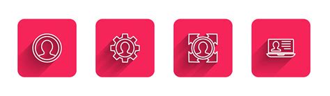 세트 줄 계정 화면 만들기 기어가있는 인간 헤드 사냥 및 긴 그림자로 랩톱 이력서 빨간색 사각형 버튼입니다 벡터 개념에 대한 스톡 벡터 아트 및 기타 이미지 Istock