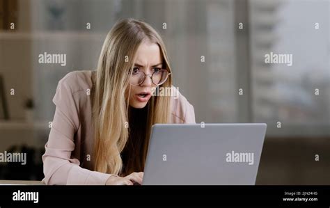 Emotional Shocked Caucasian Millennial Business Woman Student Worker User Receiving Bad News