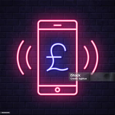 파운드 기호로 울리는 스마트폰 벽돌 벽 배경에 빛나는 네온 아이콘 Brand Name Mobile Payment에 대한 스톡 벡터 아트 및 기타 이미지 Brand