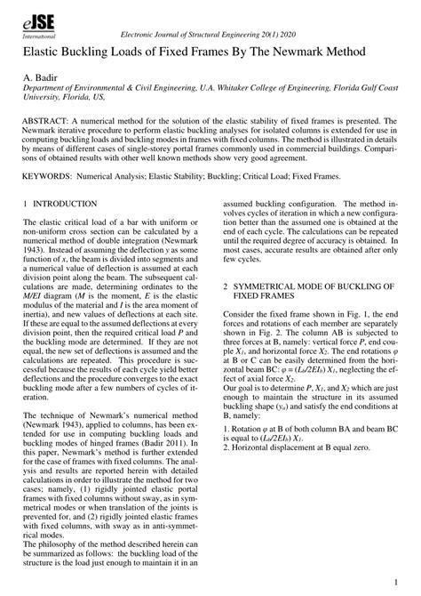 Pdf Elastic Buckling Loads Of Fixed Frames By The Newmark Method