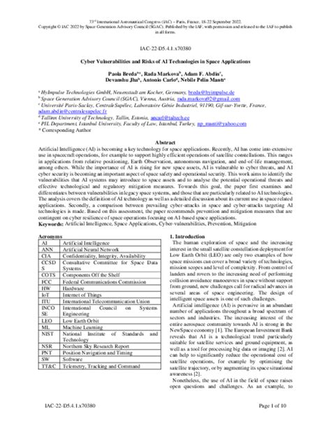 Pdf Cyber Vulnerabilities And Risks Of Ai Technologies In Space Applications
