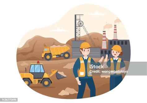 석탄 광산 산업 공정 또는 플랫 만화 손으로 그린 템플릿 일러스트레이션에서 운송을위한 무거운 노란색 덤퍼 트럭과 광산 회사 건설 기계류에 대한 스톡 벡터 아트 및 기타