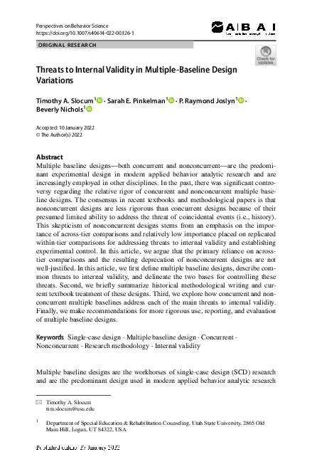 Pdf Threats To Internal Validity In Multiple Baseline Design Variations
