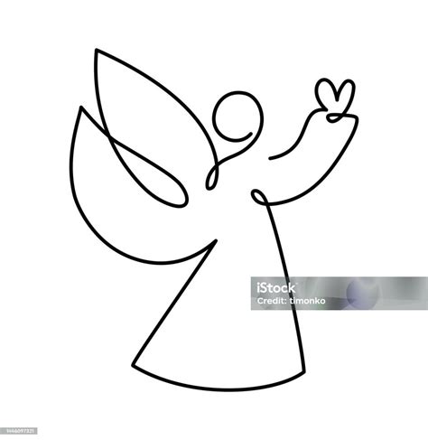 간단한 벡터 크리스마스 천사 심장 연속 한 줄 그리기 옷 및 로고 디자인 엠블럼 또는 실루엣 한 줄 고립 된 추상 그림 인쇄 천사에 대한 스톡 벡터 아트 및 기타 이미지